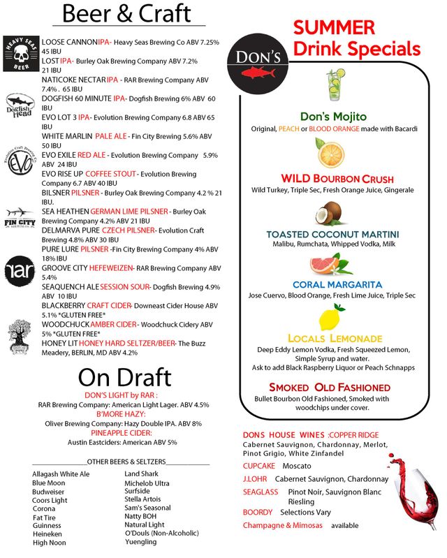 Beer Menu Ocean Pines MD Don s Seafood Chophouse